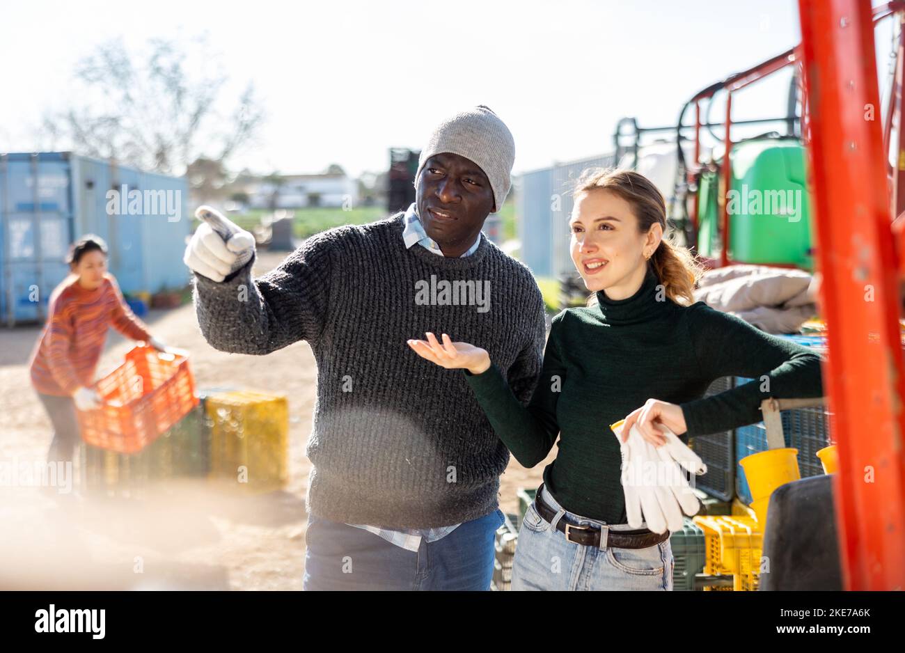 Farm workers talking during break in the backyard on sunny day Stock ...
