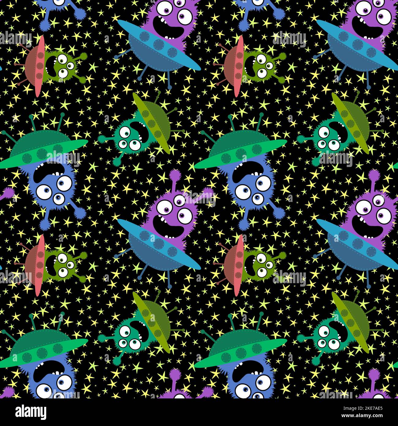 Cartoon aliens monsters seamless spaceship and stars pattern for ...