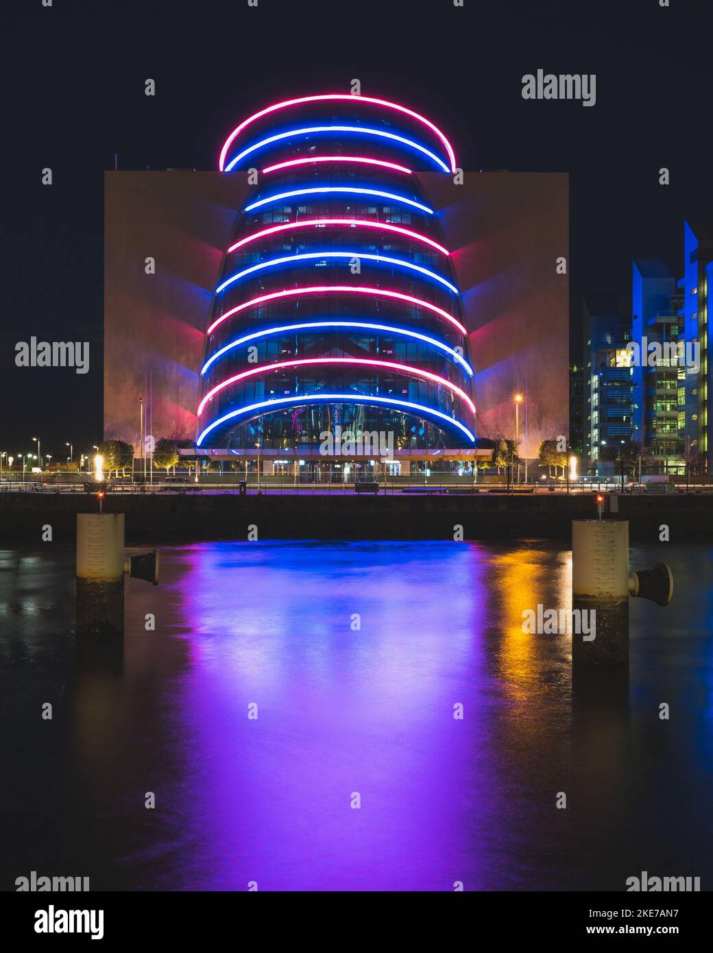 A vertical shot of The Convention Center in Dublin Ireland at night ...