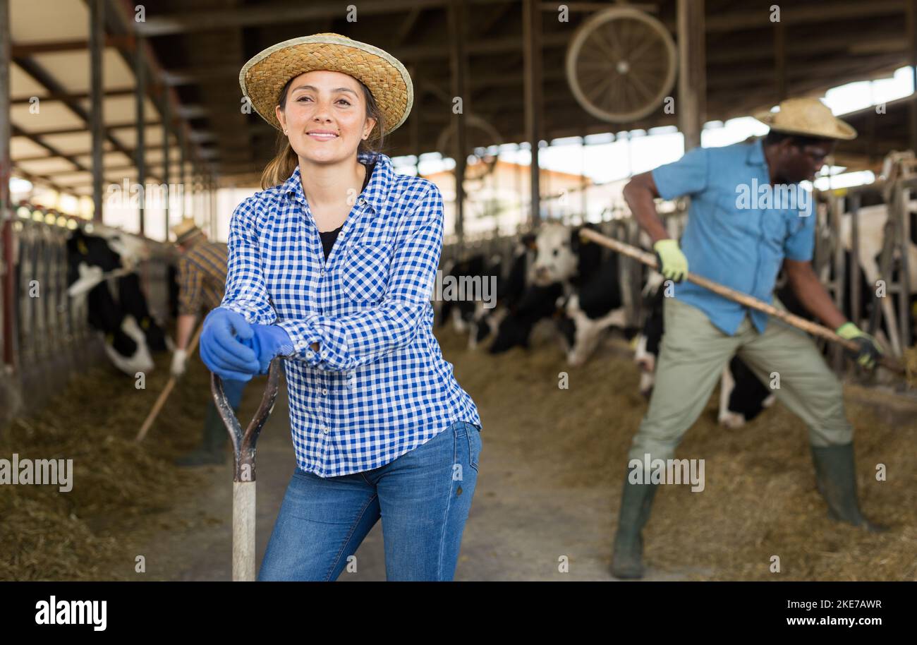 Female farmer engaged in breeding of cows posing in cowshed Stock Photo ...