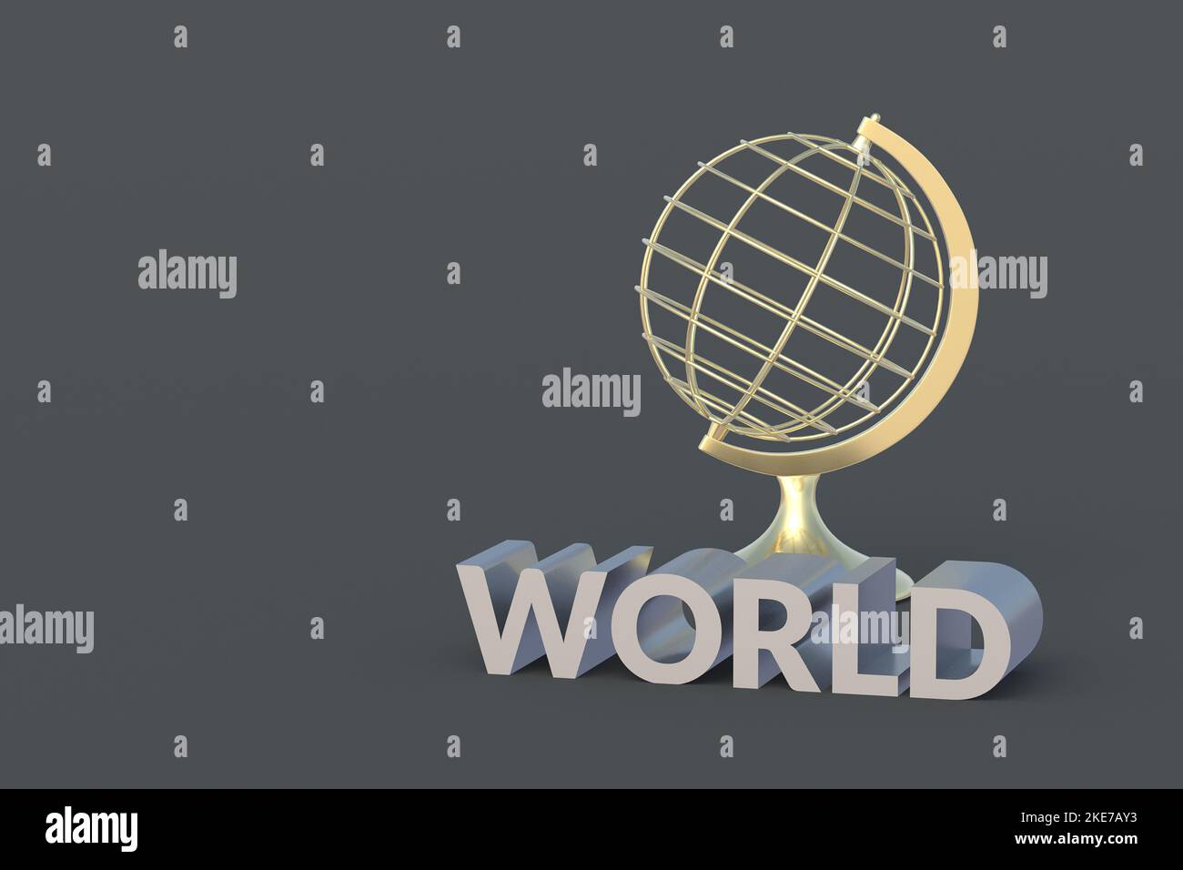 Wire globe of golden color near metallic word world. International ...