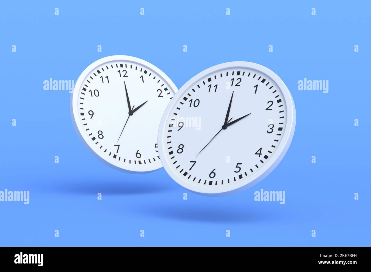 Flying wall clocks on blue background. 3d render Stock Photo - Alamy