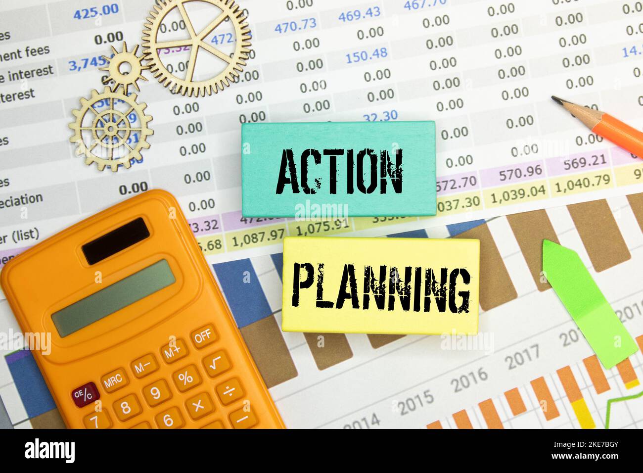 action plan text on notebook with stationery on wooden desk Stock Photo ...