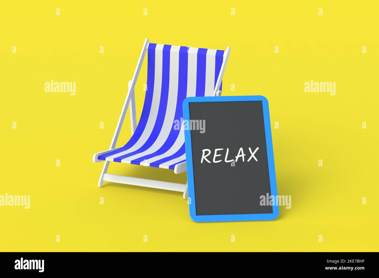 Inscription relax on chalkboard near beach chair. Summer vacation ...