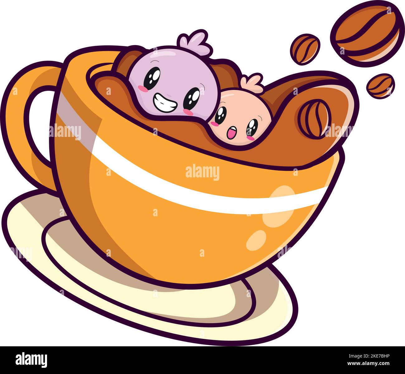 A pair of cute cartoon candies cheering in a cup of coffee on a white ...