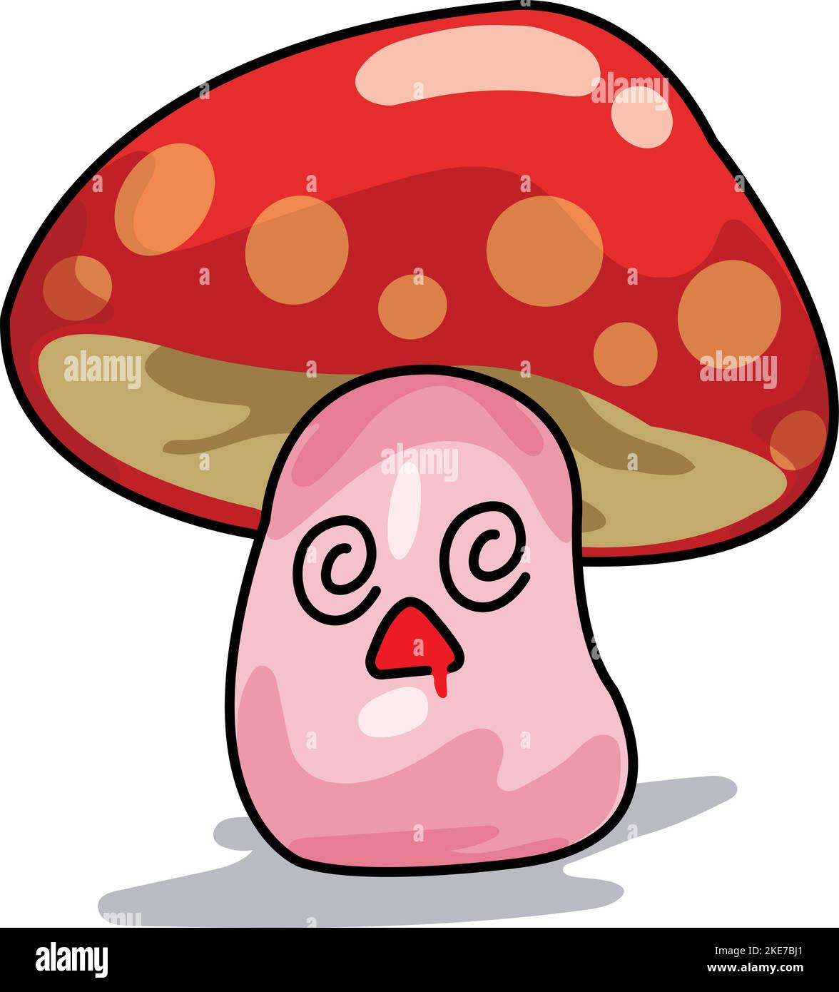 A cartoon red and pink mushroom feeling dizzy with swirly eyes and open ...