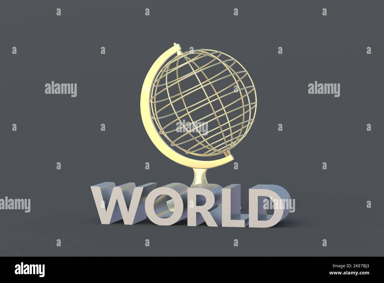 Wire globe of golden color near metallic word world. International ...