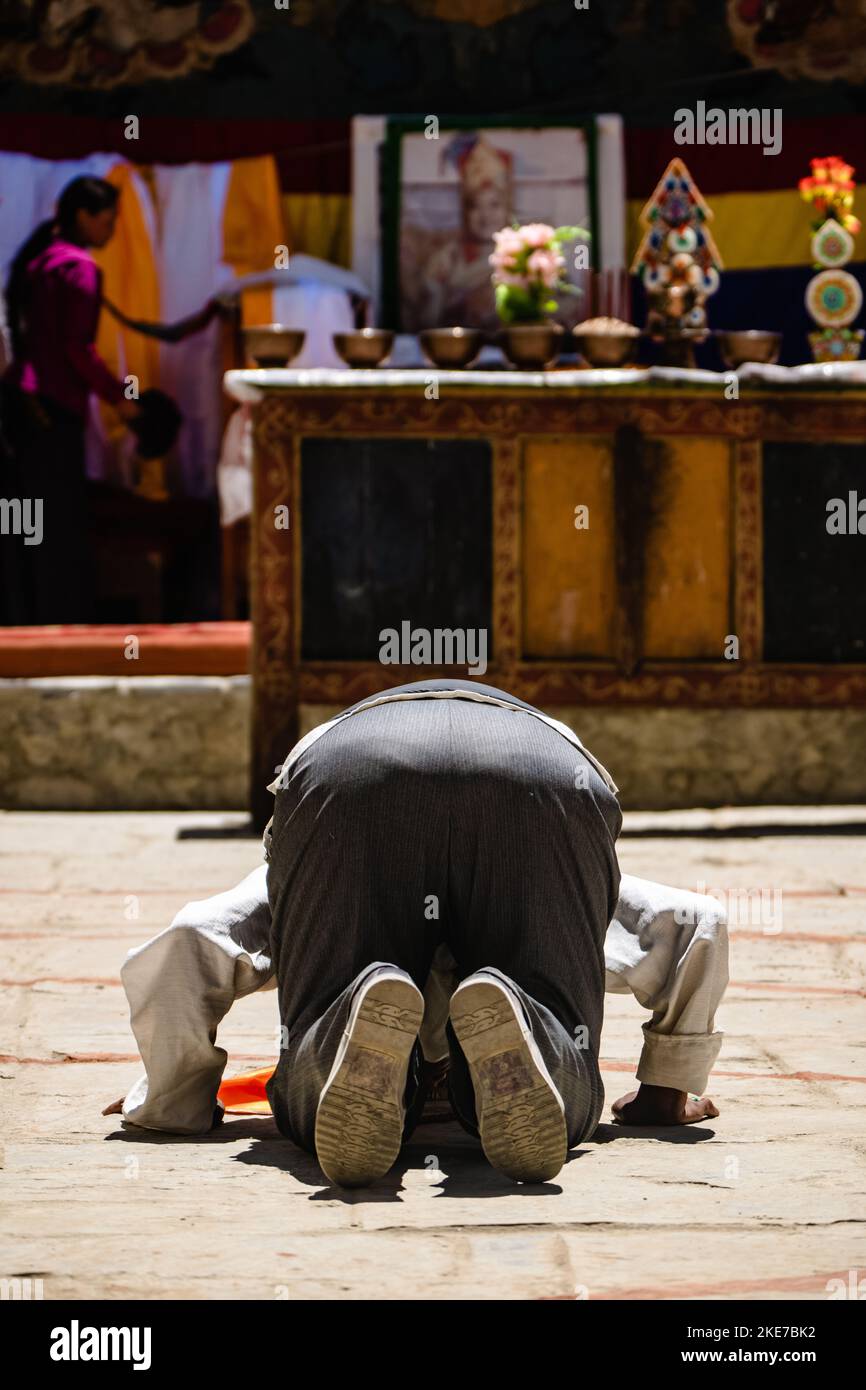 A vertical shot of an Adult Tibetan Buddhist worshiper in prostration ...