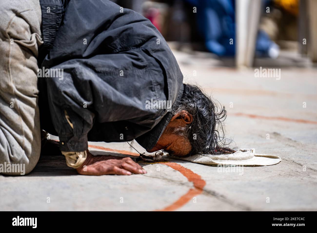 A closeup of an Adult Tibetan Buddhist worshiper in prostration at Tiji ...