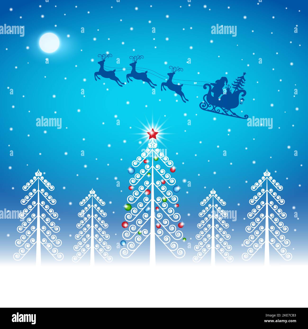 Santa Claus and gifts in sleigh with reindeers pulling the sleigh on forest background. Vector ...