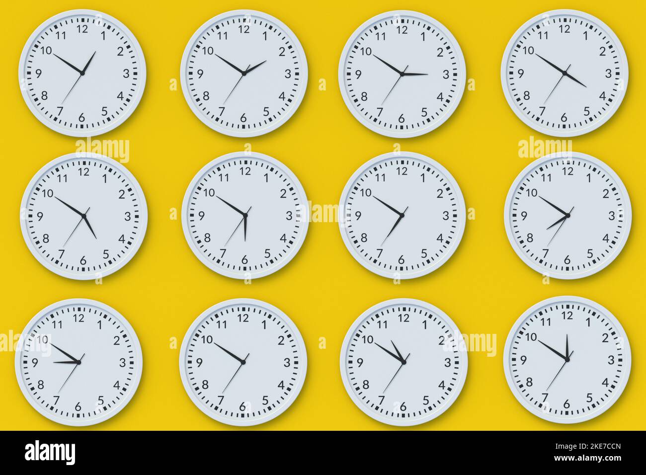 Minimalist wall clocks on yellow background. Time management. Coffee ...