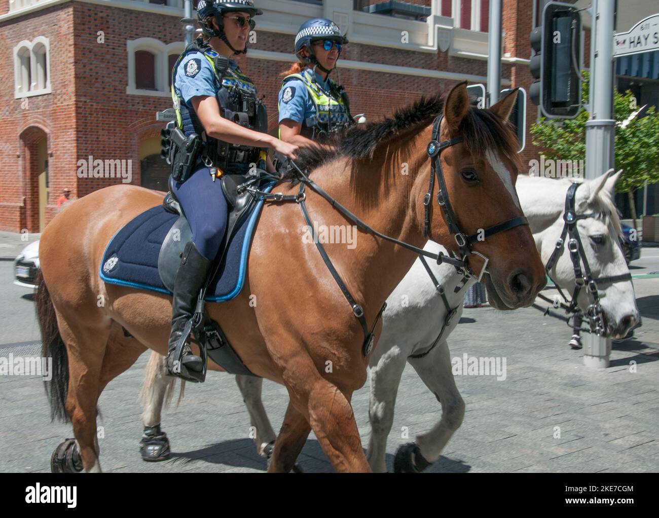Two female mounted police officers patrolling the city centre of Perth ...