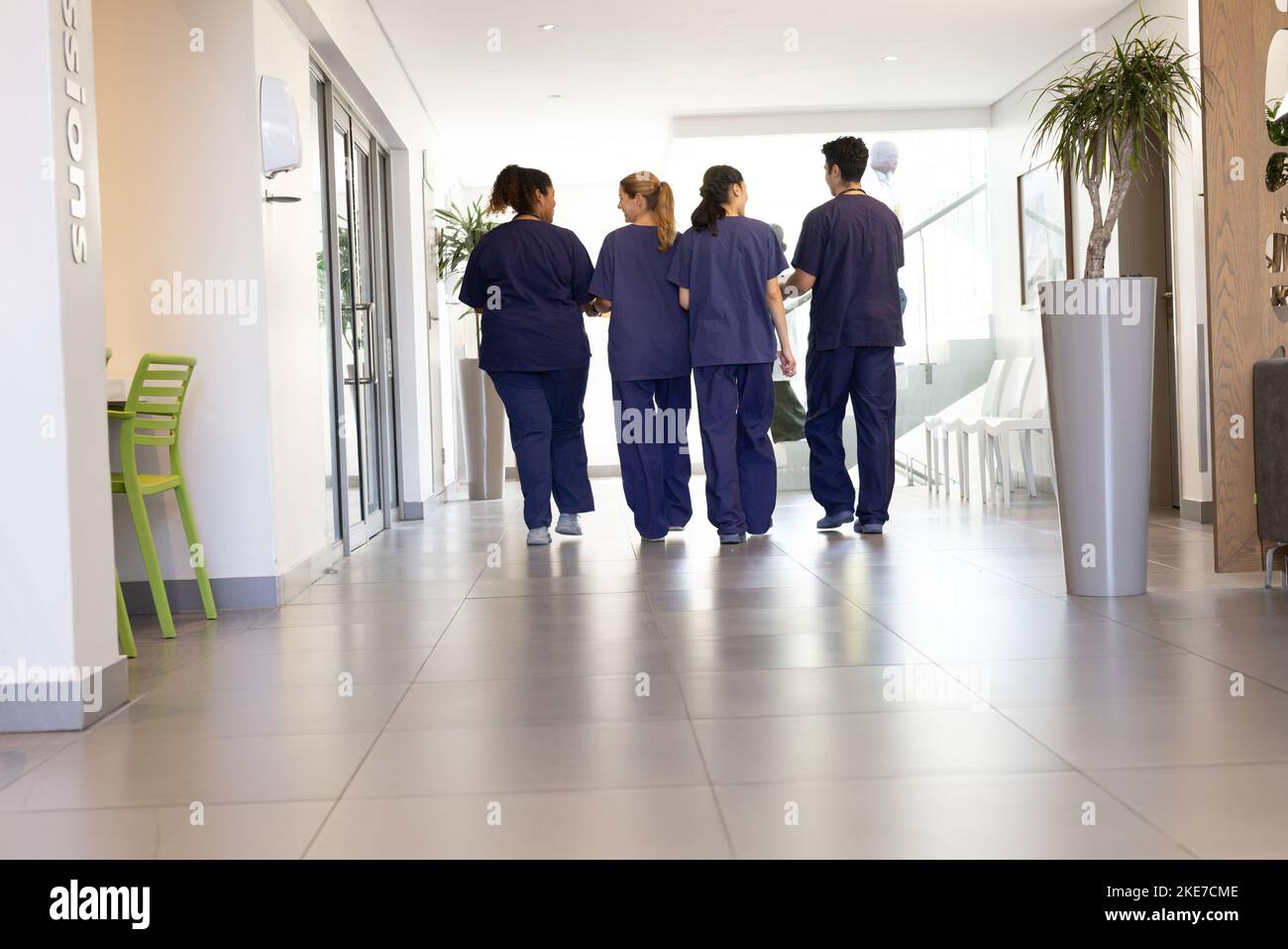 Rear view of diverse group of doctors talking walking in hospital ...