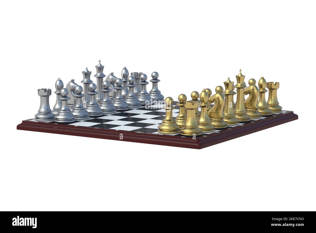 Set of chess figures with chess board isolated on white background. 3d ...