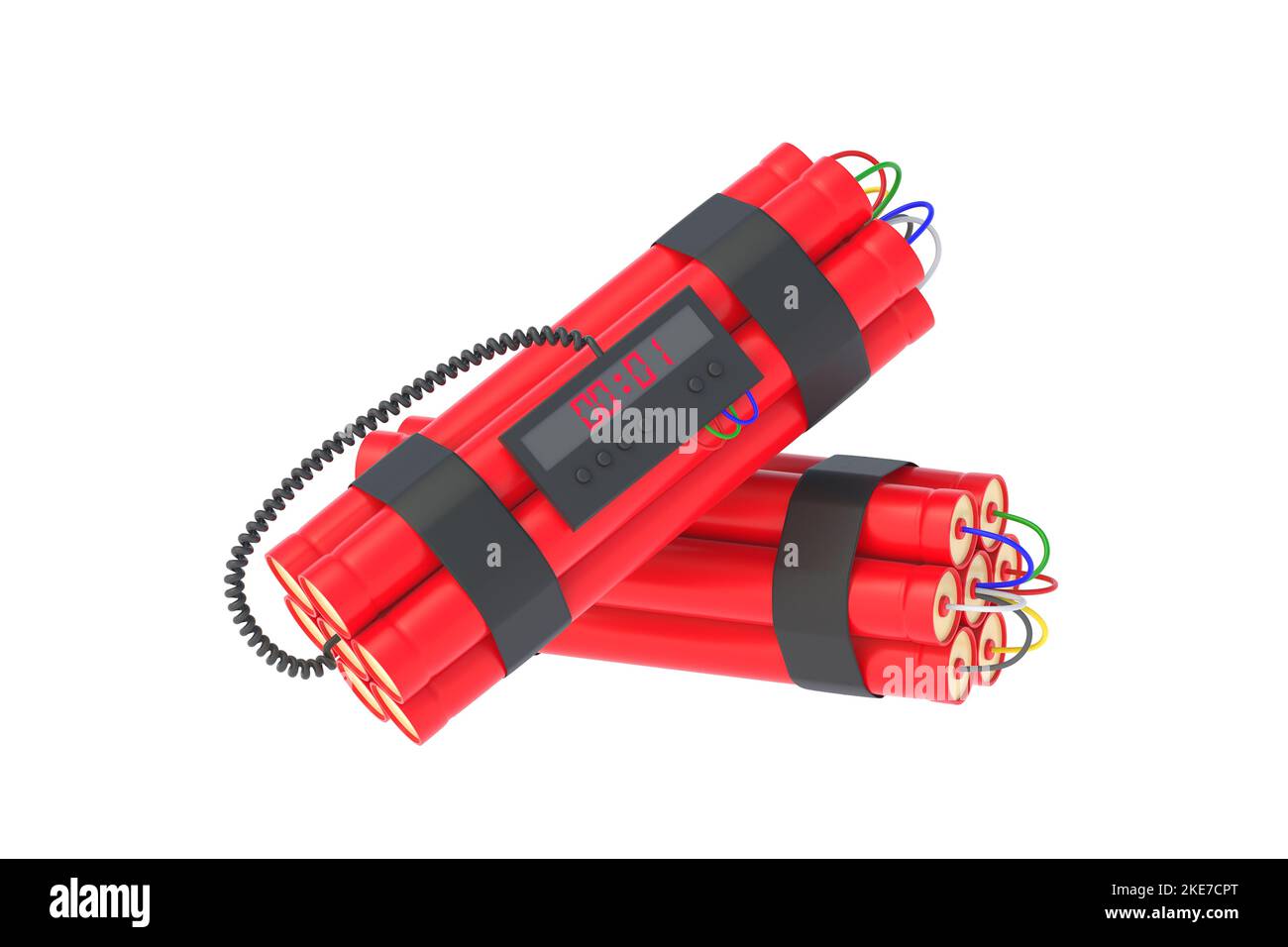 Two red dynamite bombs with digital timer isolated on white background ...