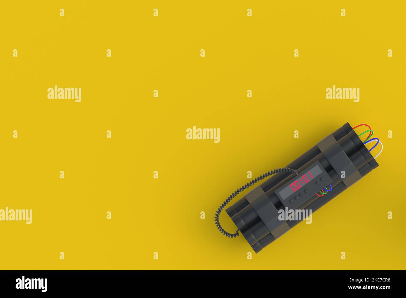 Dynamite bomb with digital timer in corner on yellow background ...