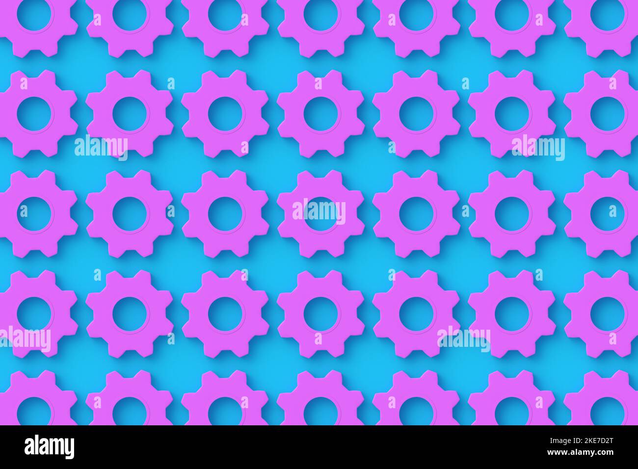 Rows of pink gears in corner on turquoise background. Top view. 3d ...