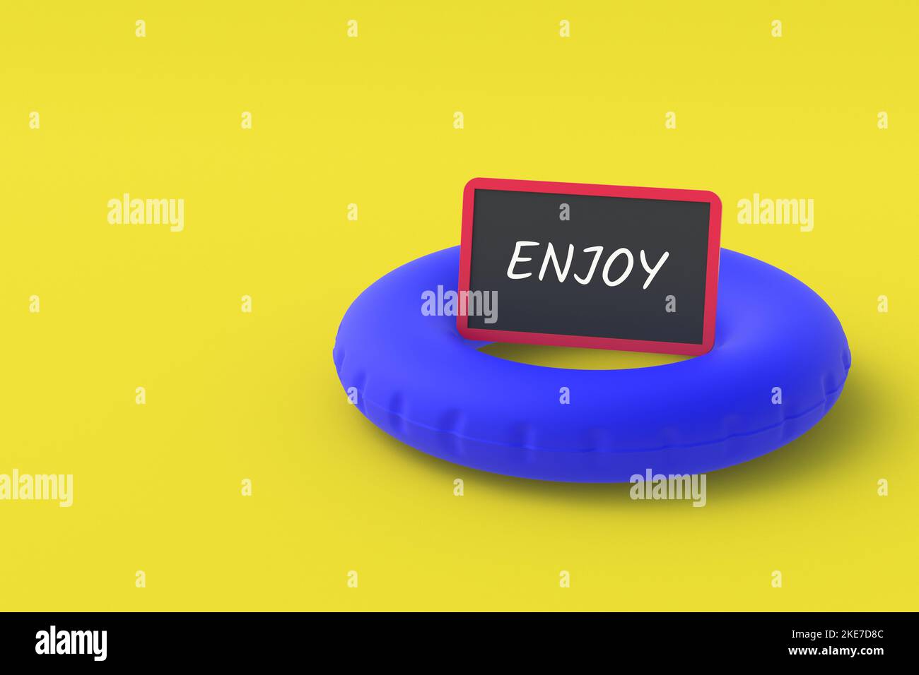 Inscription enjoy on chalkboard near lifebuoy. Summer vacation. Travel ...