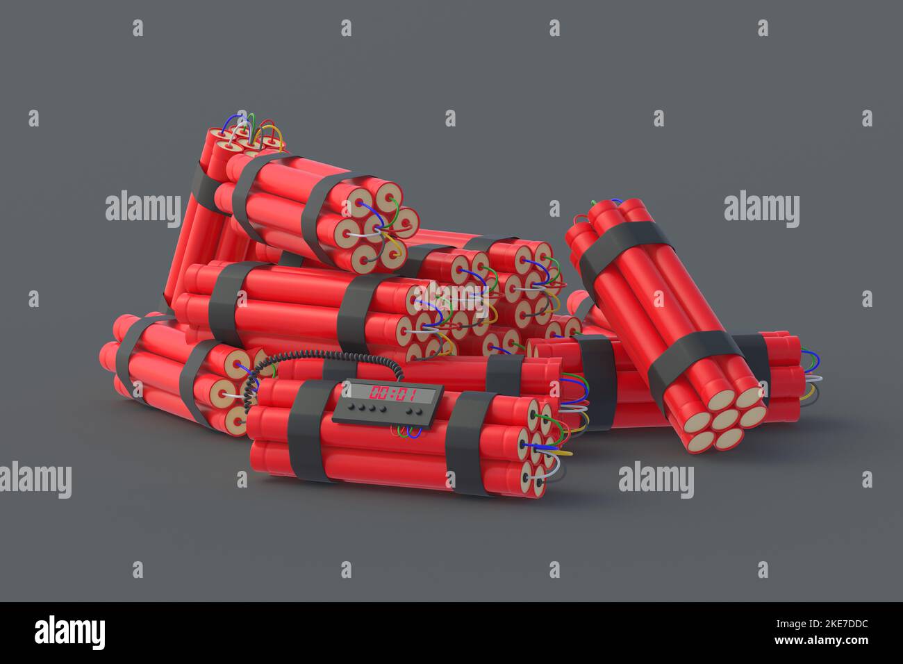 Many dynamite bombs with digital timer on black background. 3d ...