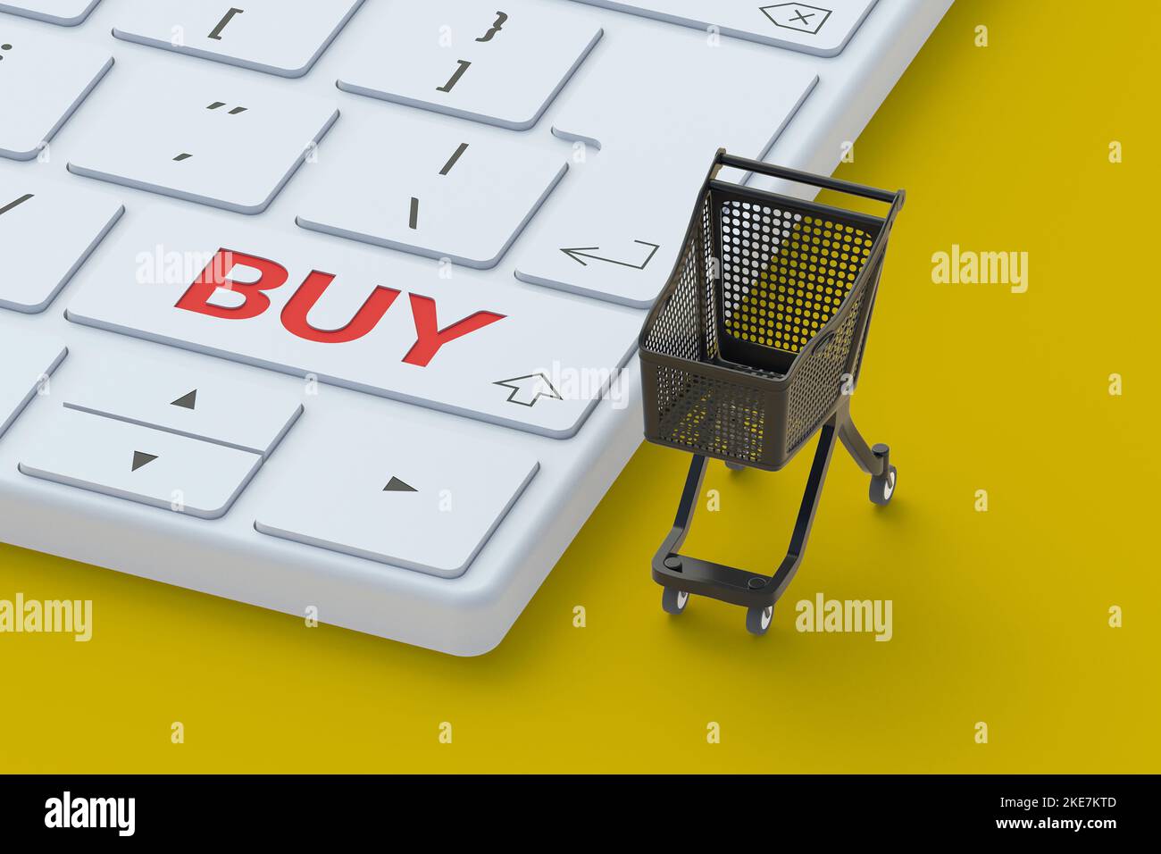 Computer keyboard with word buy near market cart. Online shopping. E ...