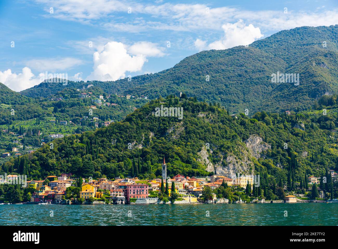 Landscape with lake and mediterranean buildings, lake Como, Varenna ...