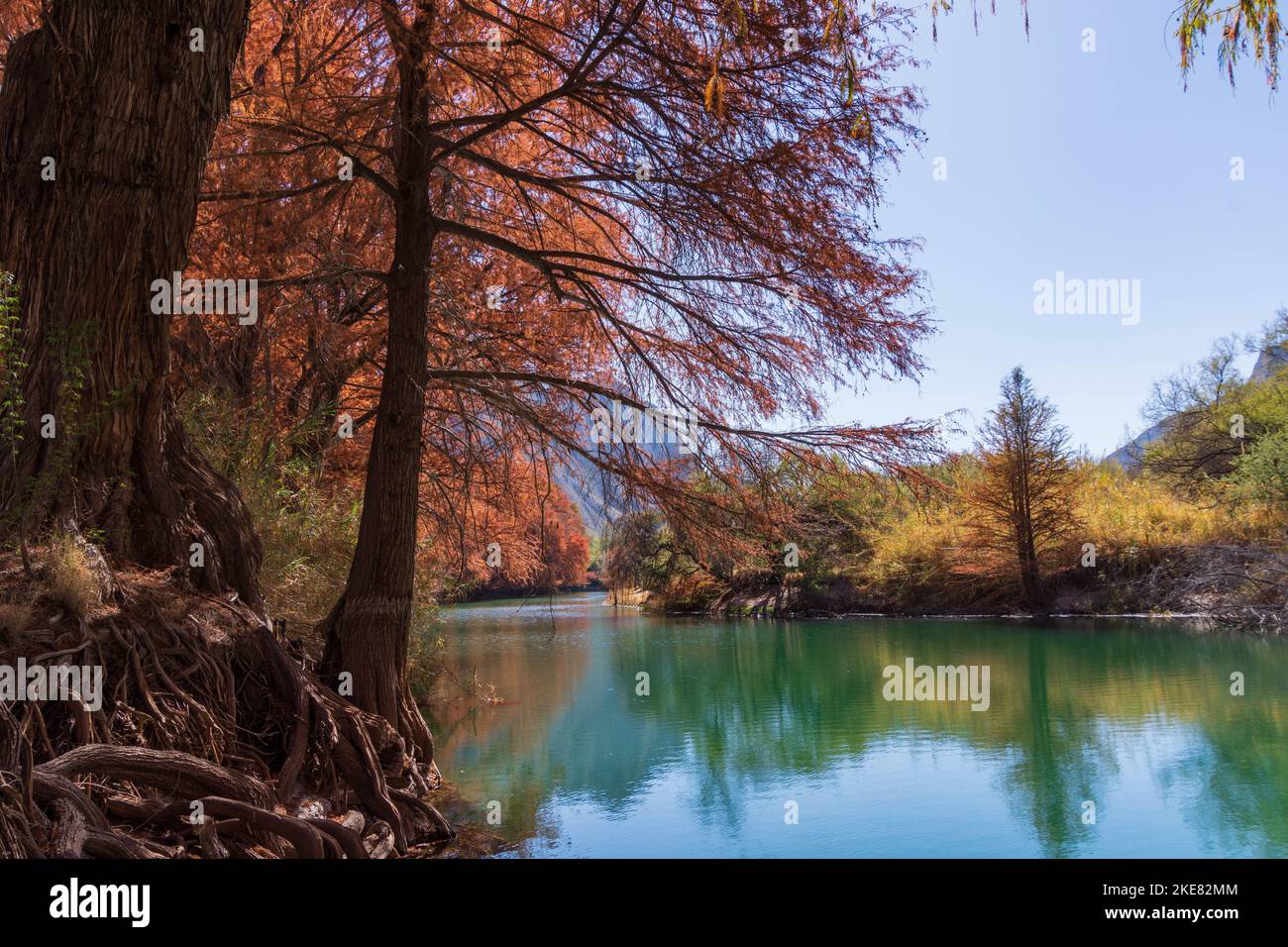 A beautiful lake surrounded by fall trees with blue sky in the ...