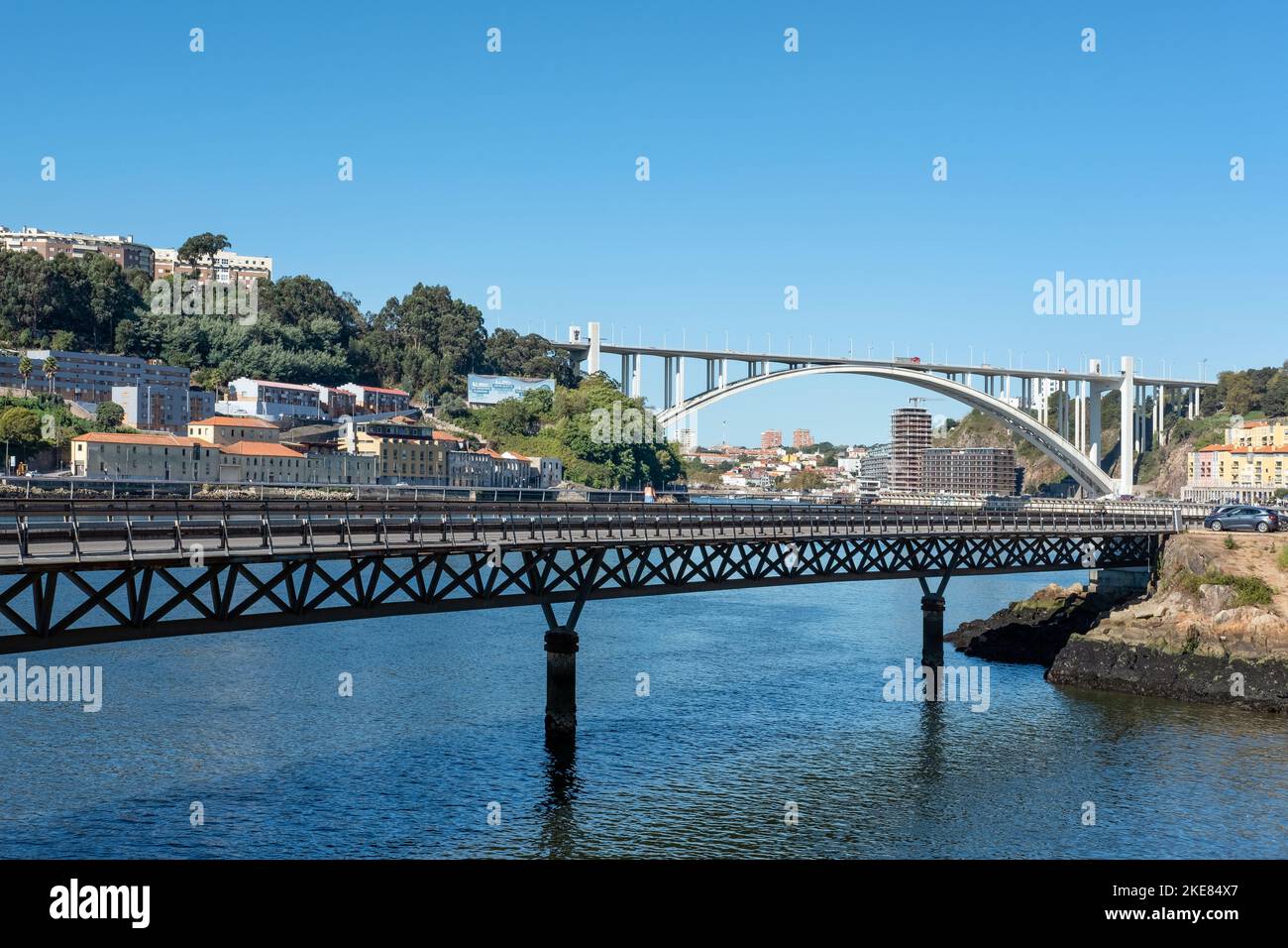 Views of the Douro riverside with Viaducto do Cais das Pedras in the ...