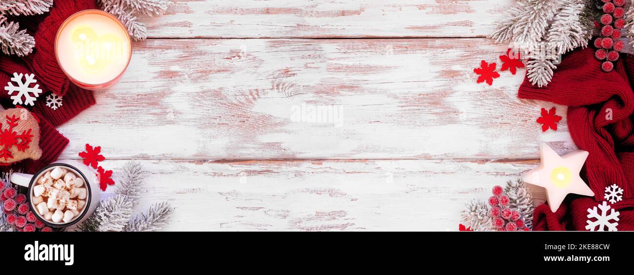 Cozy Christmas or winter double border with red sweater, candles, hot ...