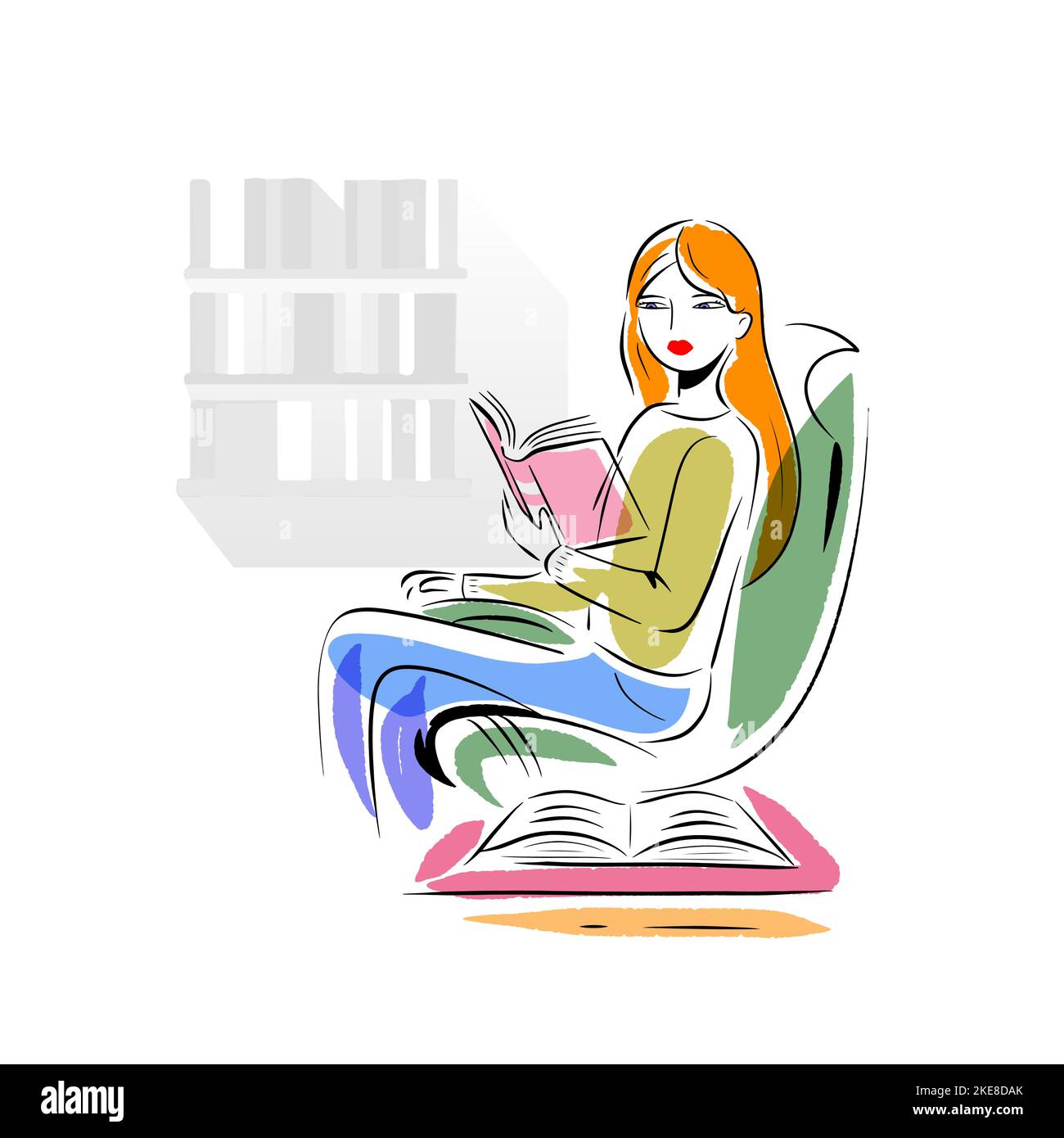 Woman reading a books in armchair, minimalist cartoon style Stock ...