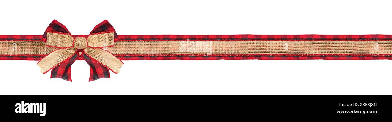 Christmas burlap bow with red and black check ribbon underneath. Long ...