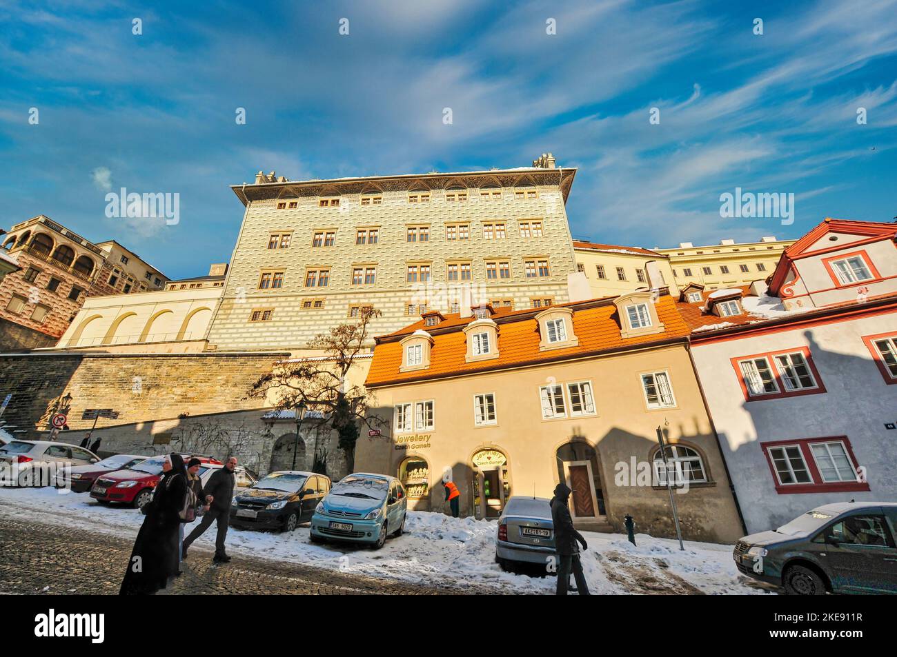 A beautiful city view of the buildings under a cloudy blue sky in Prague, Czech Republic Stock ...