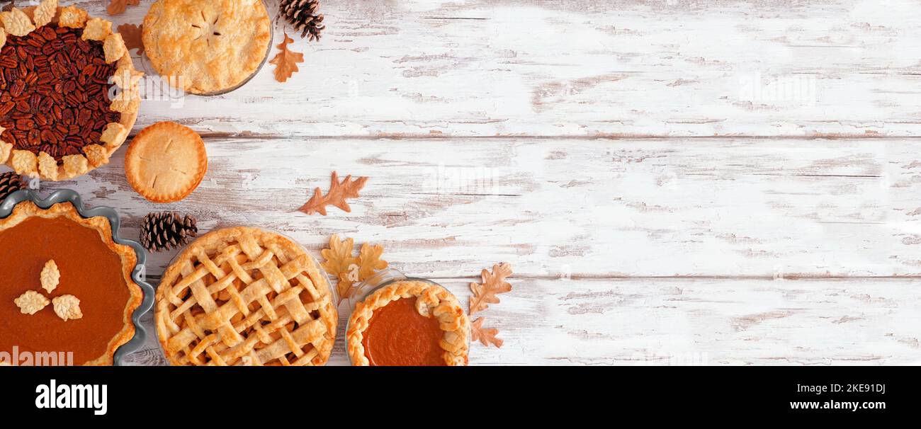 Selection of homemade autumn pies. Pumpkin, apple and pecan. Above view ...