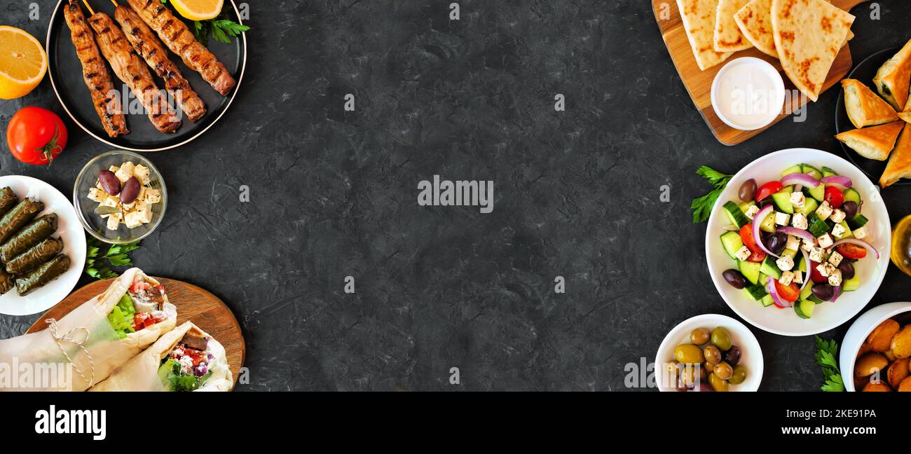 Greek food double border, top view on a dark banner background ...