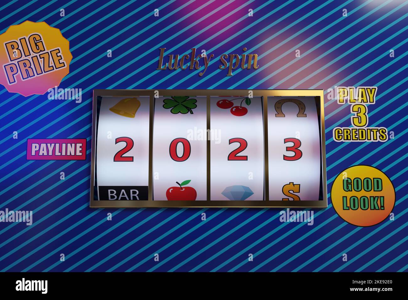Wheels of a slot machine with the number 2023. New year concept. 3d ...