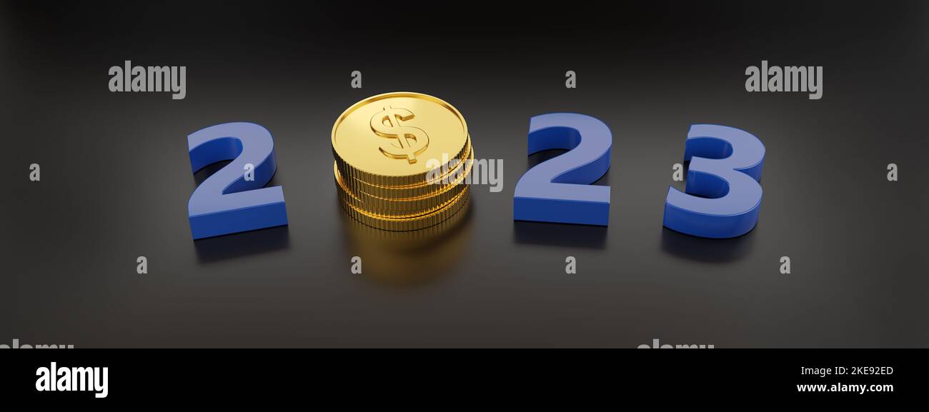Year 2023 in three dimensions with dollar coins. New year concept. 3d ...