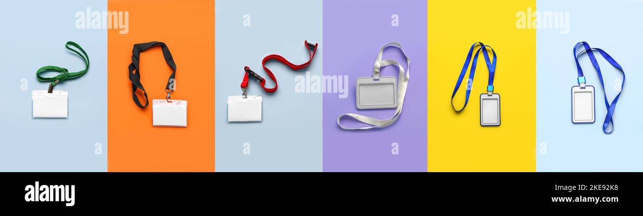 Collection of blank badges on color background Stock Photo - Alamy
