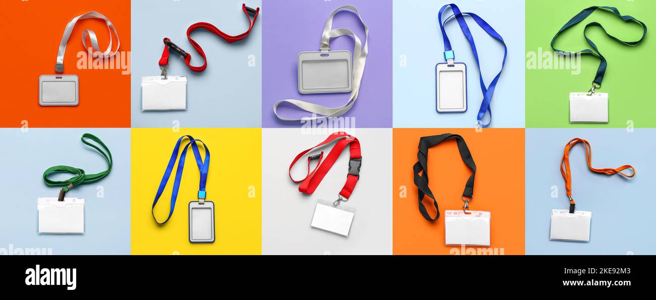 Collage of blank badges on color background Stock Photo - Alamy