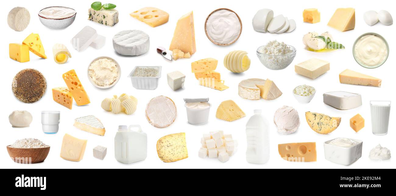 Group of tasty dairy products on white background Stock Photo - Alamy