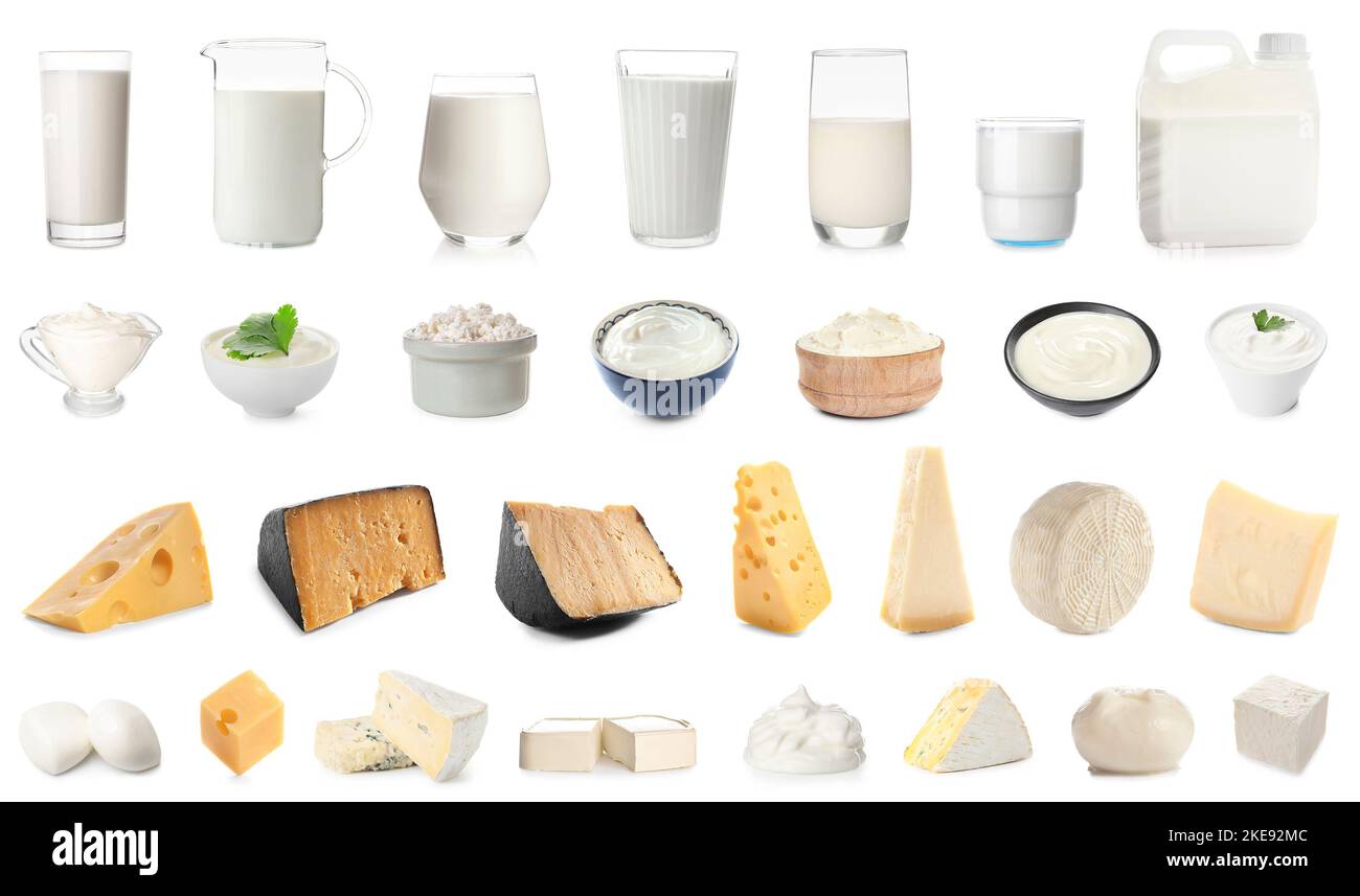 Collage of tasty dairy products on white background Stock Photo - Alamy