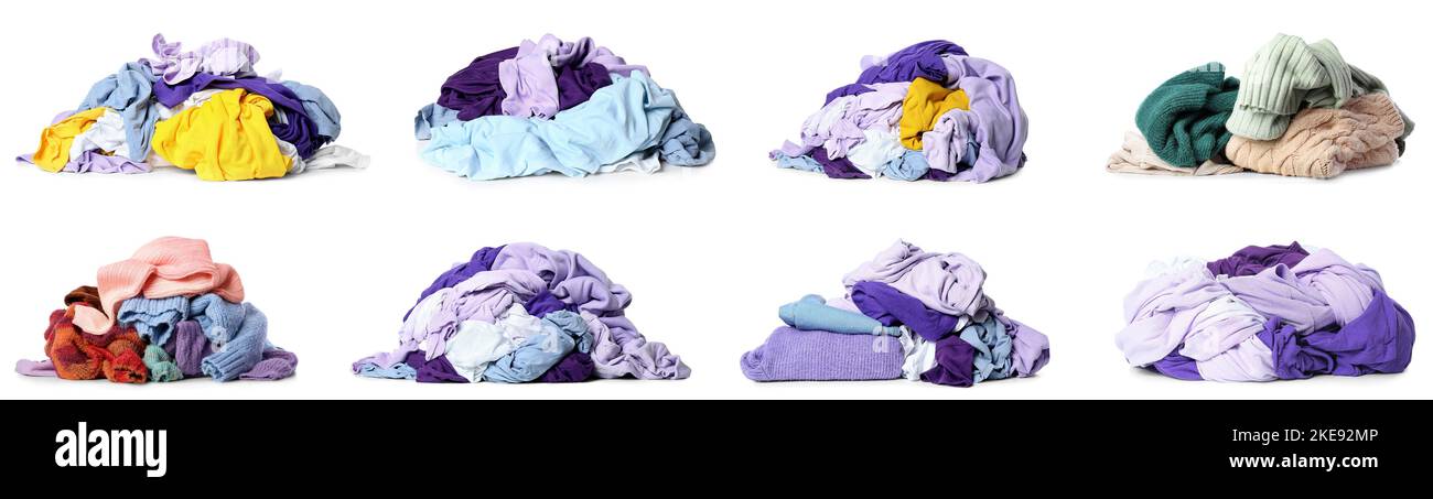 Collage of different crumpled clothes on white background Stock Photo ...