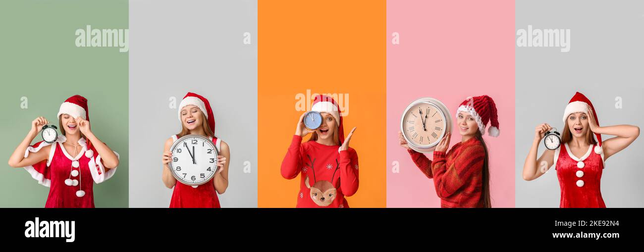 Set of beautiful young women in Santa hats and with clock on color ...