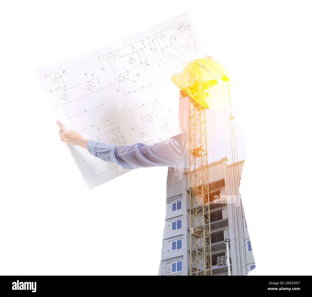 Double exposure of female engineer with drawings and unfinished ...