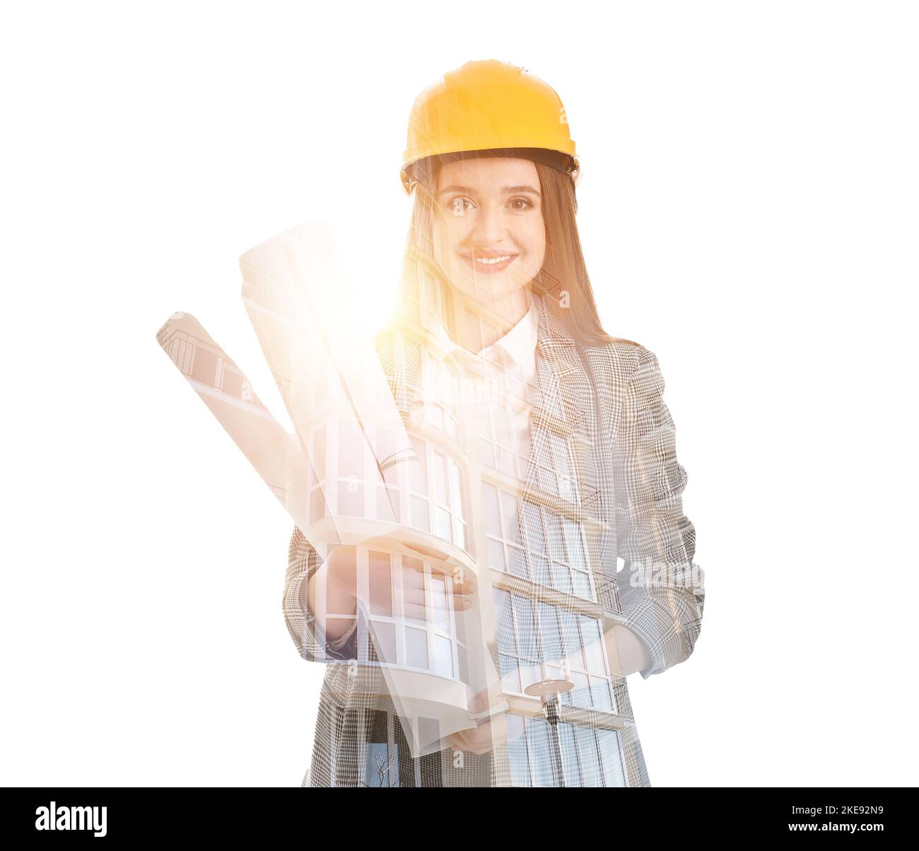 Double exposure of female engineer with drawings and unfinished ...