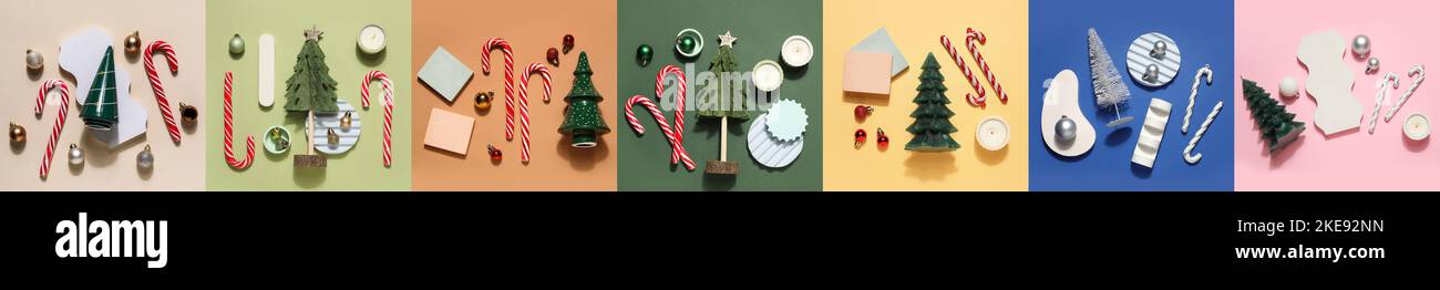 Collage with different Christmas decorations on colorful background ...