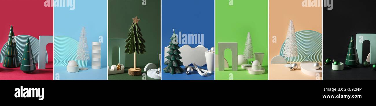 Collage with toy Christmas trees and decor on colorful background Stock ...