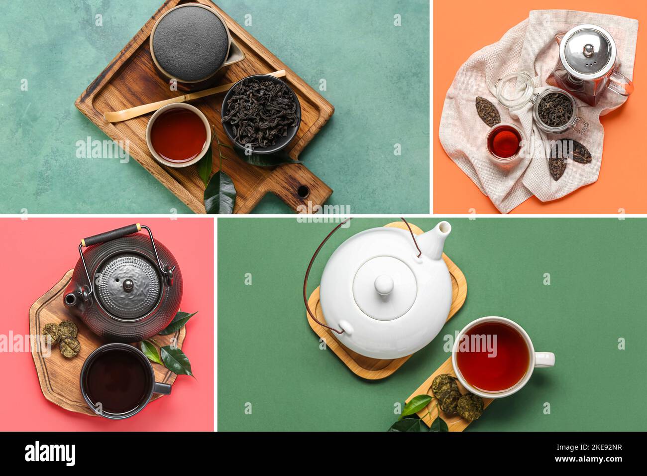 Collage with tasty hot puer tea Stock Photo - Alamy