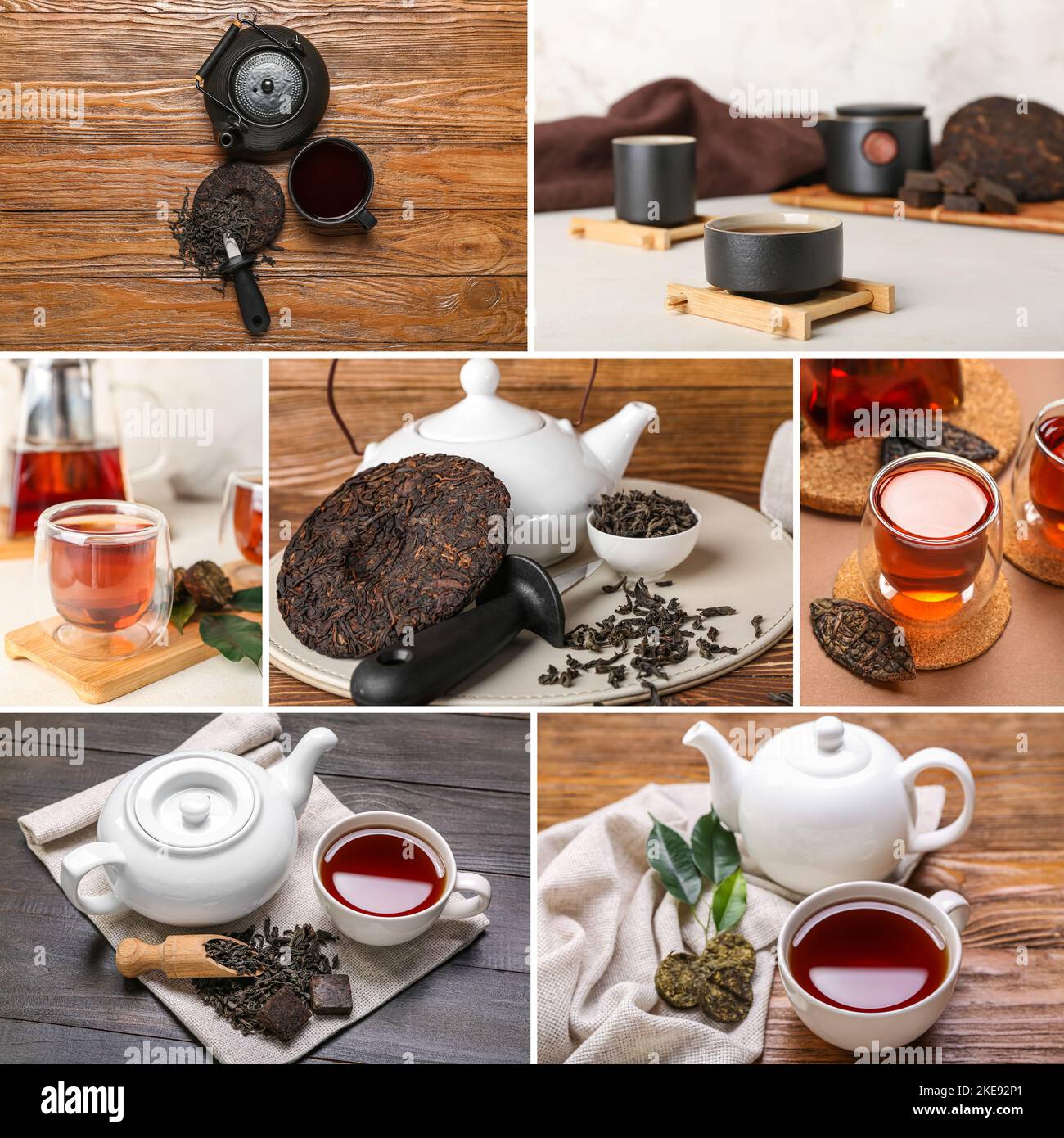 Collage with tasty fresh puer tea Stock Photo - Alamy