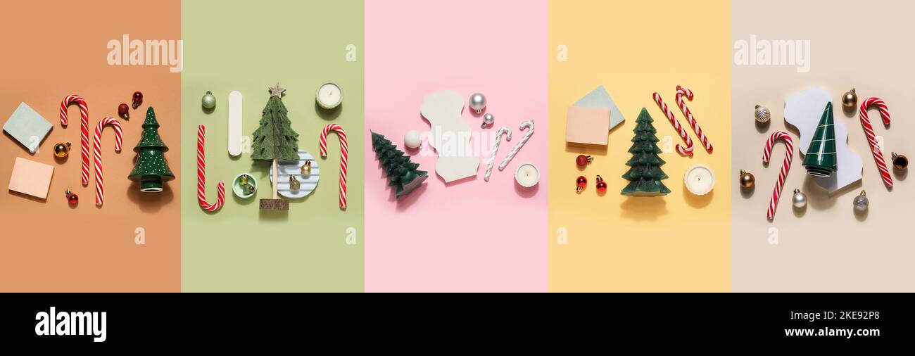 Collage with many Christmas decorations on colorful background, top ...