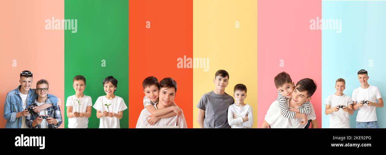 Group of adorable brothers on color background Stock Photo - Alamy