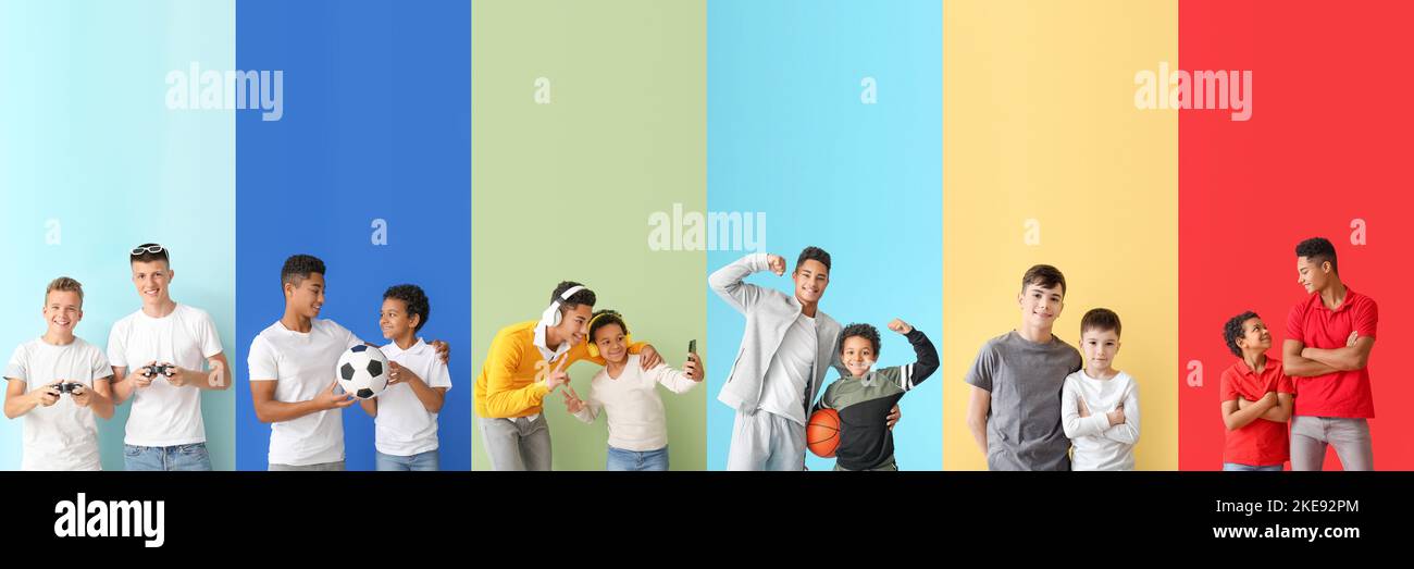 Collage of adorable brothers on color background Stock Photo - Alamy